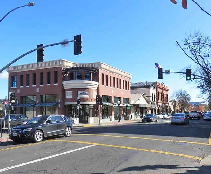 St. Helena's main street stretches ahead with the kind of elegance that doesn't need to show off.