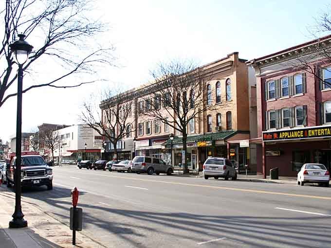 Winter trees frame classic buildings along this downtown strip, where local businesses have served their community for generations past.