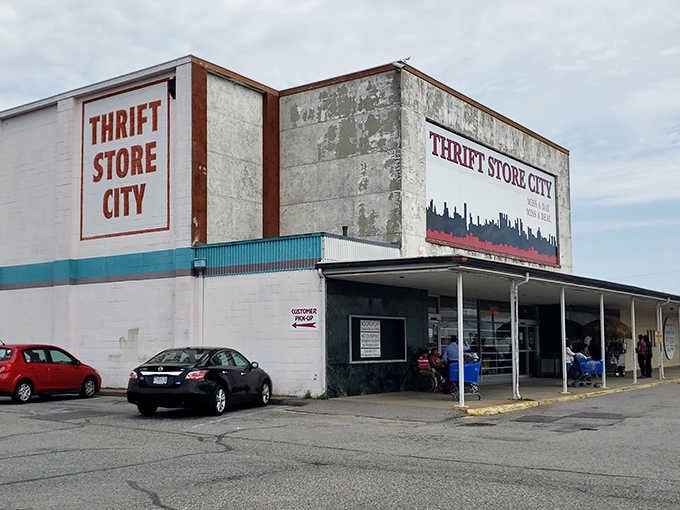 The weathered exterior hints at years of treasure hunters finding unexpected gems in this massive Norfolk shopping destination.
