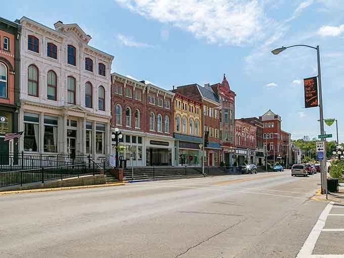 These colorful storefronts line up like a rainbow of possibilities, each building telling its own century-old story.