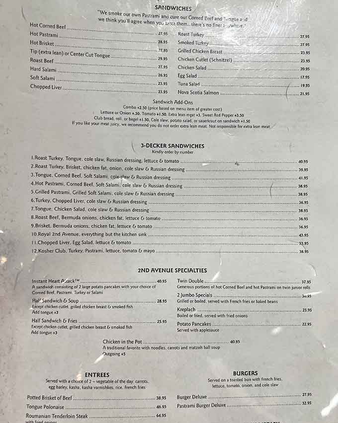 This menu reads like a greatest hits album of Jewish deli classics, minus the prices you'll actually want to see.