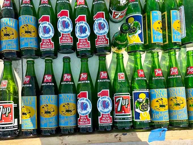 Rows of vintage soda bottles gleam like liquid time capsules, each label a portal to simpler times.