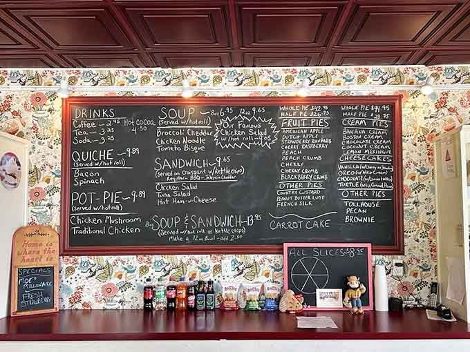 This handwritten menu reads like a love letter to homemade comfort, from quiche to cream pies galore.