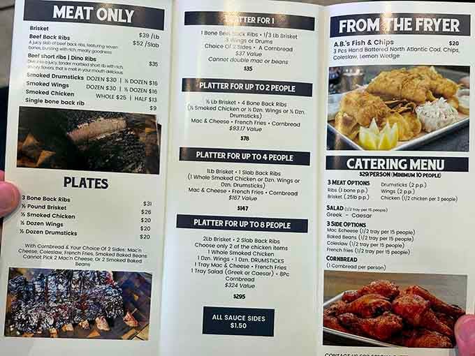 This menu reads like a love letter to smoked meat, offering everything from brisket to wings by the pound.