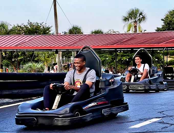 The go-kart grins say it all: speed limits are merely suggestions when you're having this much fun.