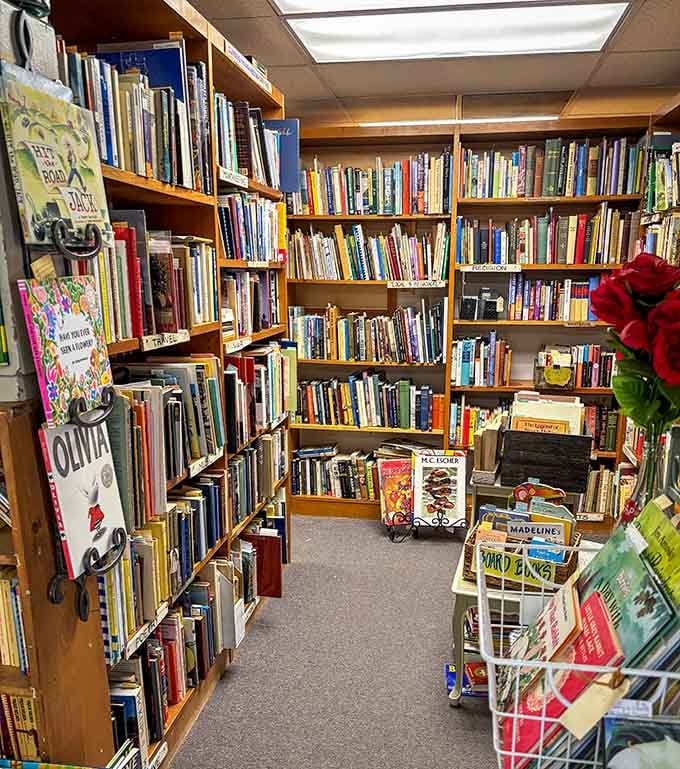 Floor-to-ceiling shelves packed with books create the kind of browsing experience that makes hours disappear like magic.