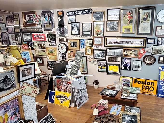 Every wall tells a story here, from vintage advertising to photographs that capture moments frozen forever.