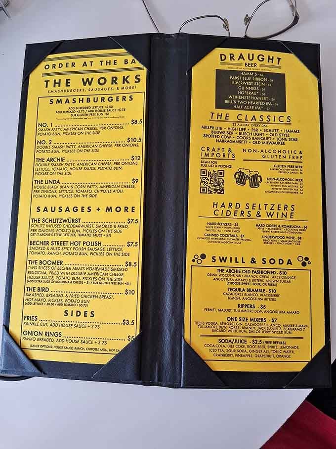 This menu reads like a love letter to smashburgers, and every option deserves your undivided attention.