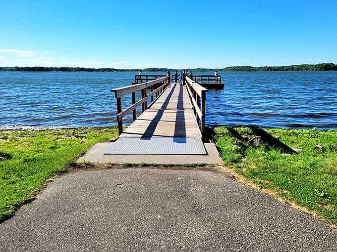 This fishing pier extends into the lake like a wooden highway to tranquility and terrible fish stories.