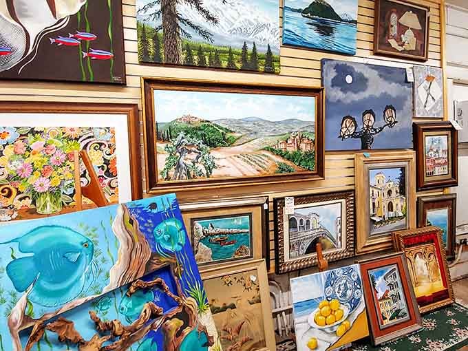 From Tuscan hillsides to abstract dreams, this wall proves that great art doesn't need a fancy gallery address.