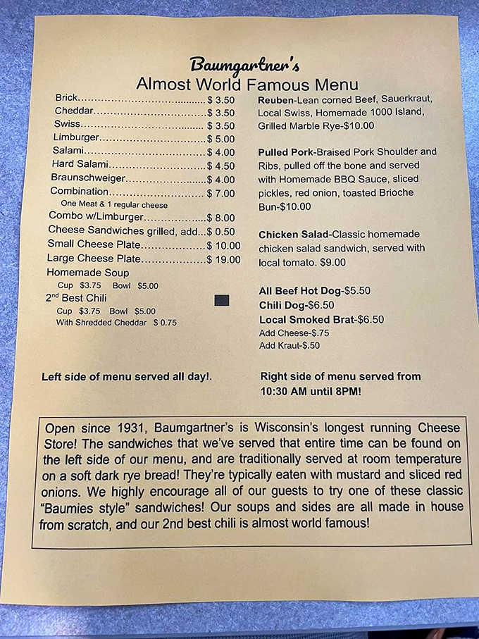 The "Almost World Famous Menu" undersells itself; this is legitimately legendary Wisconsin eating at its finest.