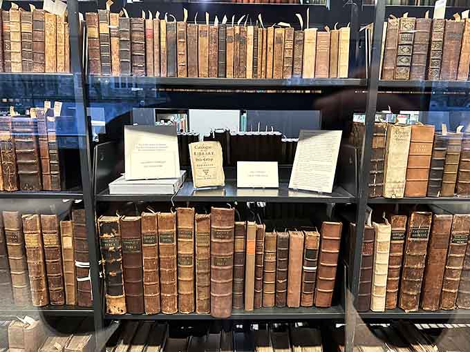 Leather-bound volumes arranged with more precision than your spice rack could ever dream of achieving in this lifetime.