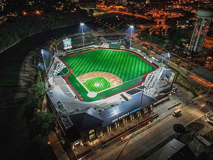 ABC Supply Stadium glows like a jewel at night, proving minor league baseball beats the big leagues for atmosphere.