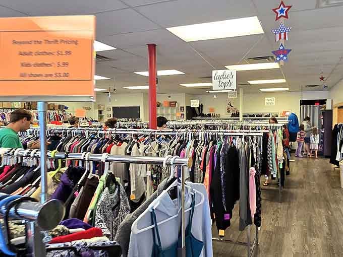 Rows of clothing stretch out like a fabric buffet where everything's on sale and nothing's off limits.