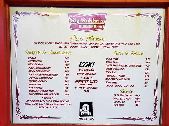 The menu board doesn't mess around: that Super Burger weighs in at a full pound of pure beef glory.