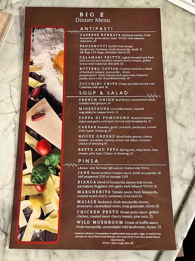 The menu reads like a love letter to Italian-American cuisine meeting Western steakhouse tradition in the best possible way.