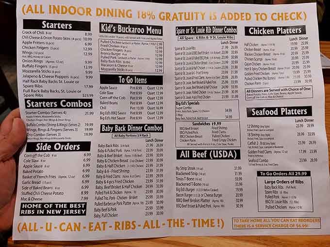 This menu is your roadmap to meat heaven, where all-you-can-eat ribs reign supreme over lesser dining options.