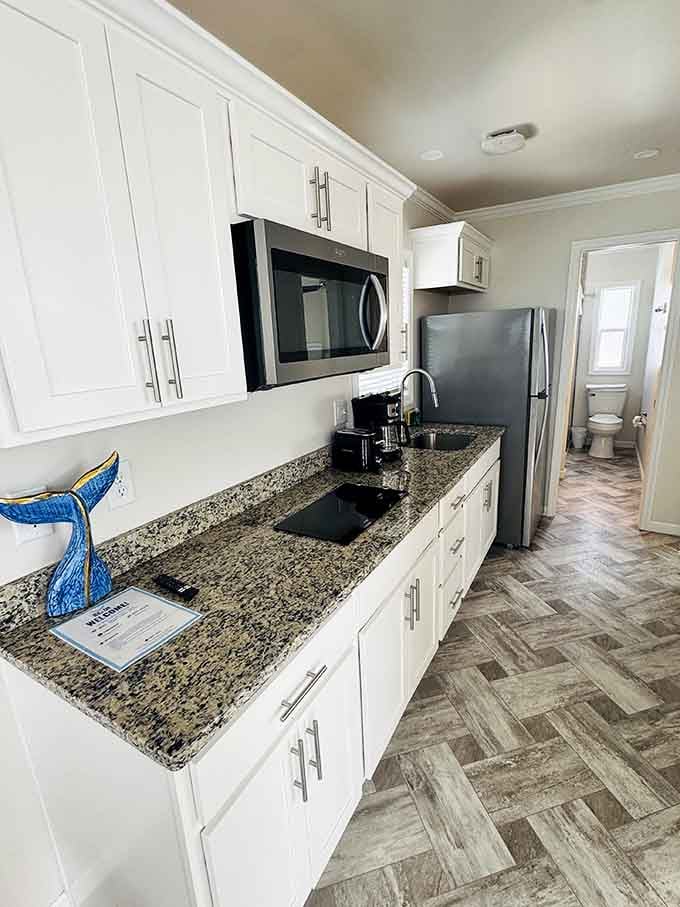 Granite countertops and modern appliances prove you don't sacrifice style when you're living on the water.