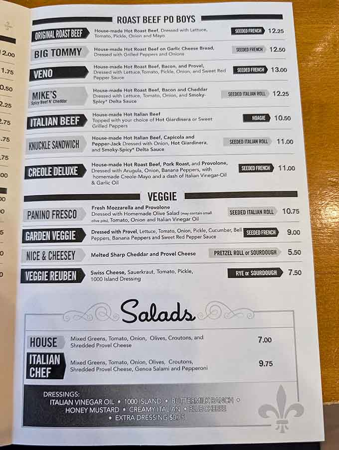 This menu reads like poetry for people who understand that life's greatest decisions involve choosing between roast beef options.