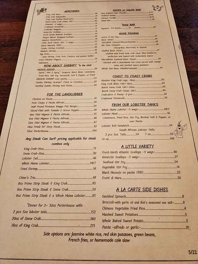 When a menu offers everything from king crab to sushi rolls, you know serious seafood commitment lives here.