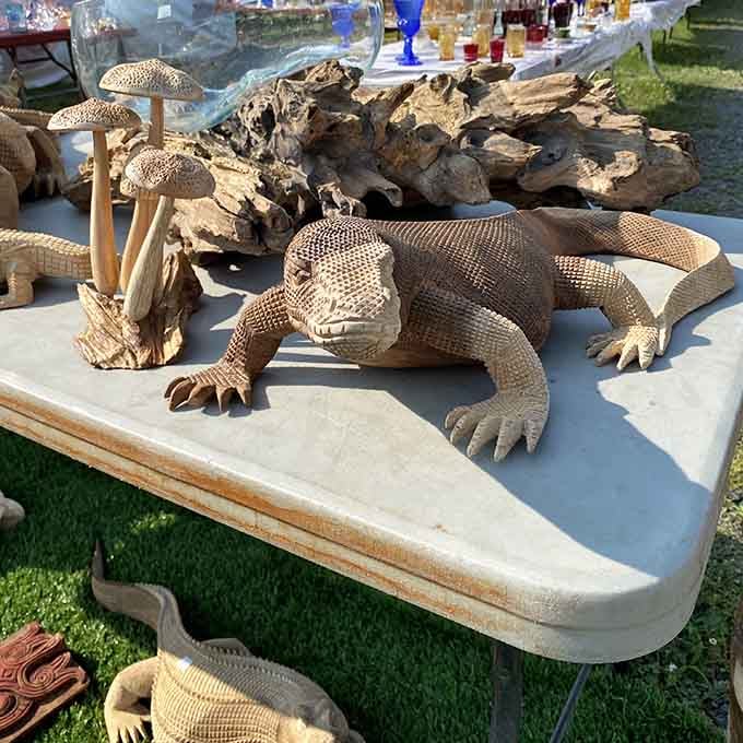 This handcrafted wooden lizard proves someone had serious workshop skills and possibly too much free time in the best way.