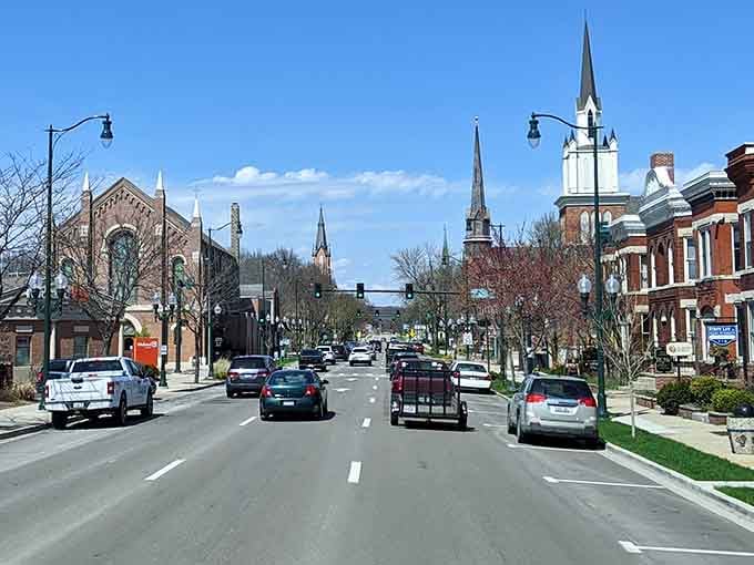 Church steeples punctuate the skyline like exclamation points celebrating this river town's architectural heritage and community spirit.