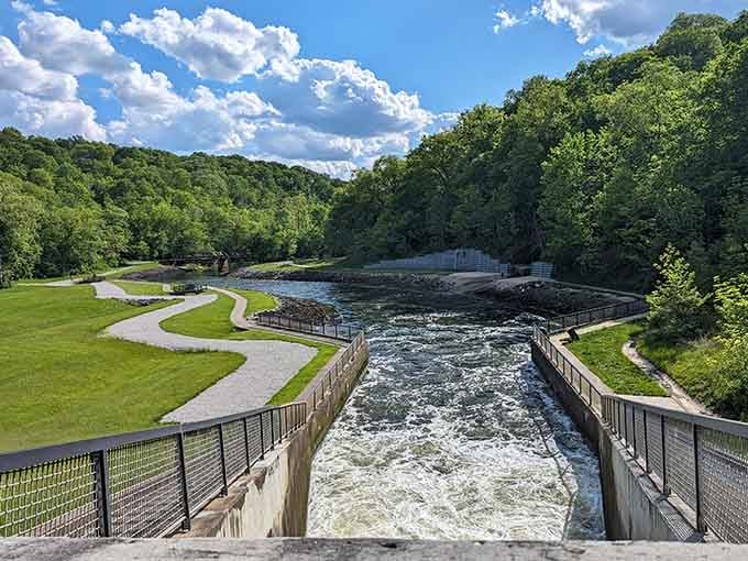 Water rushes through the spillway, constantly exposing new layers of 450-million-year-old rock formations.