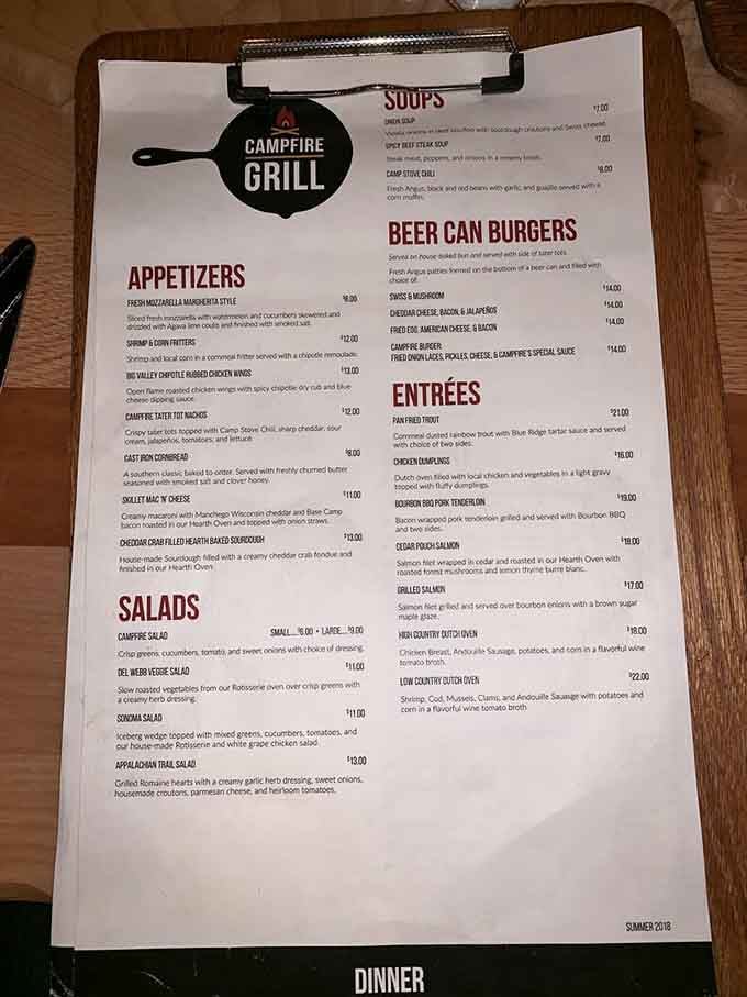 When the menu arrives on a clipboard, you know someone's committed to the theme. Check out those Beer Can Burgers.