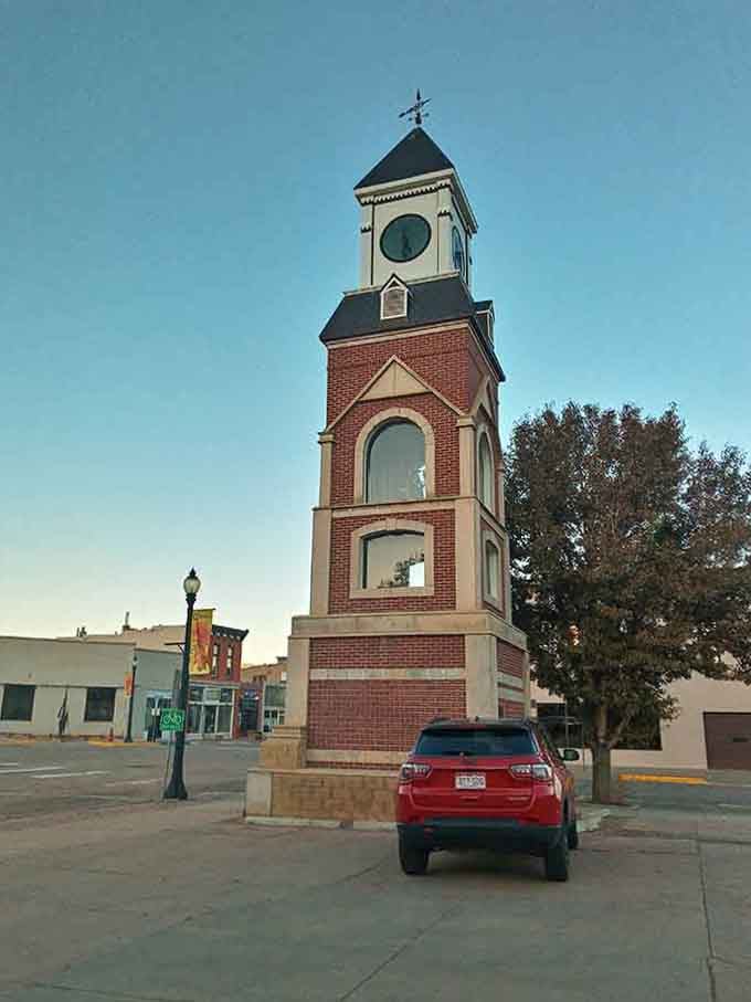 Small-town landmarks like this clock tower remind you that community identity doesn't require a massive budget.