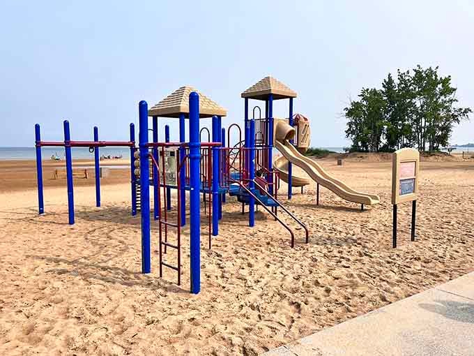 This beachside playground sits right where sand meets sky, making it impossible for kids to choose between swings and swimming.