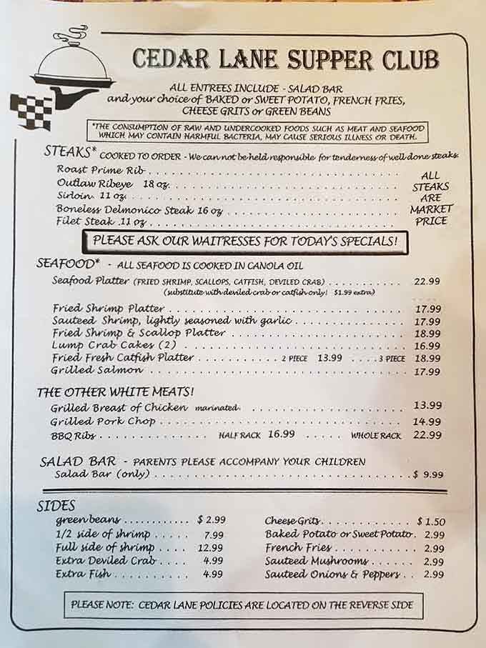 This menu reads like a greatest hits album of steaks, seafood, and Southern comfort classics.