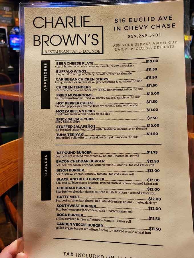 Half-pound burgers and creative appetizers fill this menu, proving simple done right beats fancy every time.