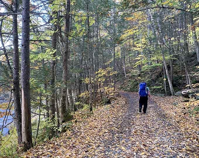 Fall hiking here means crunching through nature's confetti while a geological masterpiece waits ahead.