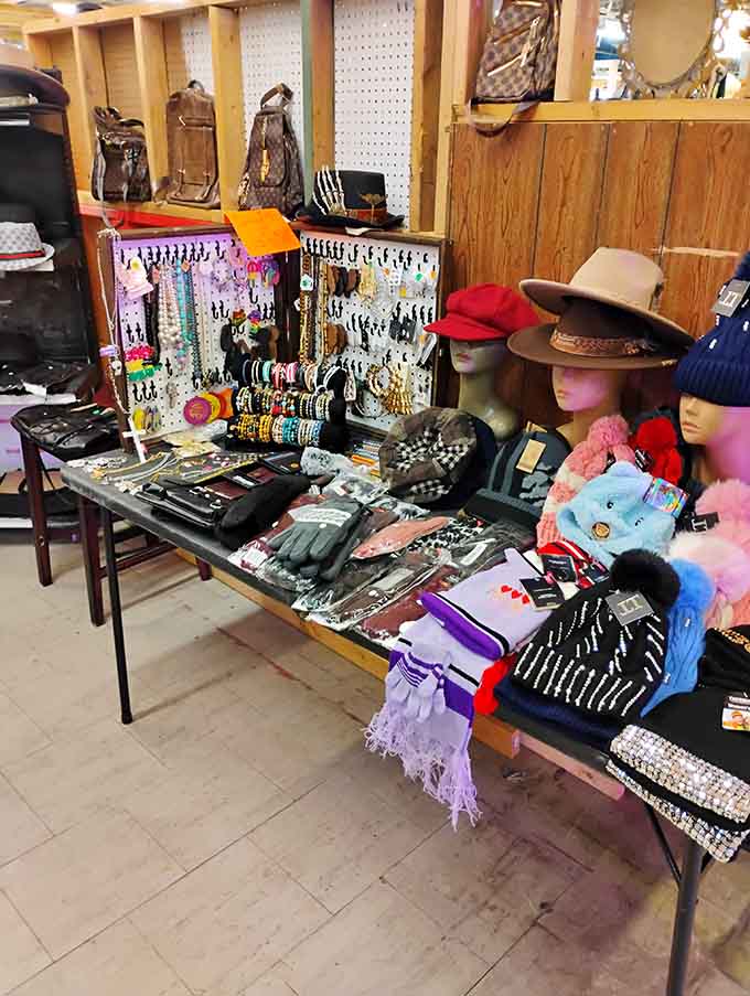 Jewelry and accessories sparkle under the lights like a treasure chest that someone finally decided to open for business.