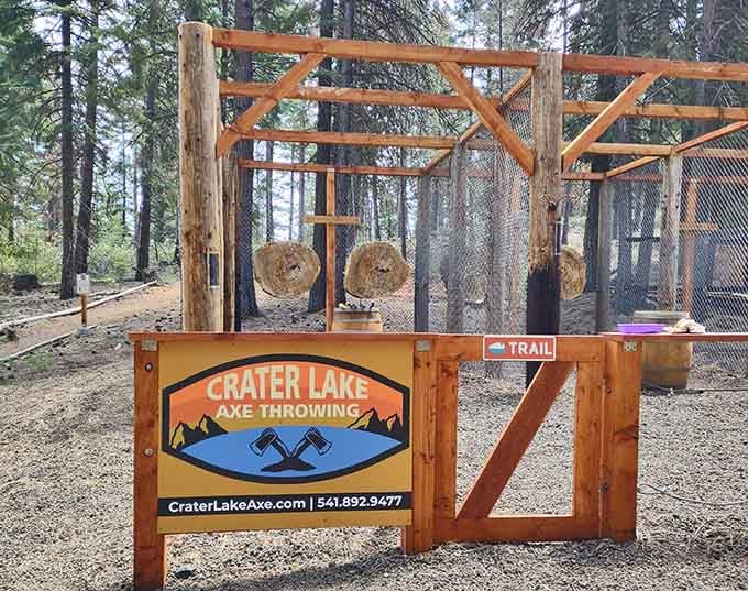 Channel your inner lumberjack at the axe throwing range where sharp objects meet wooden targets in therapeutic harmony.