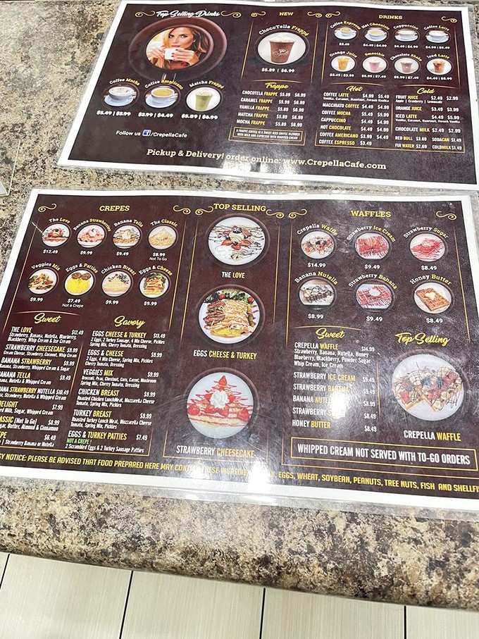 Decision paralysis has never looked so delicious; this menu is your roadmap to crepe and waffle heaven.