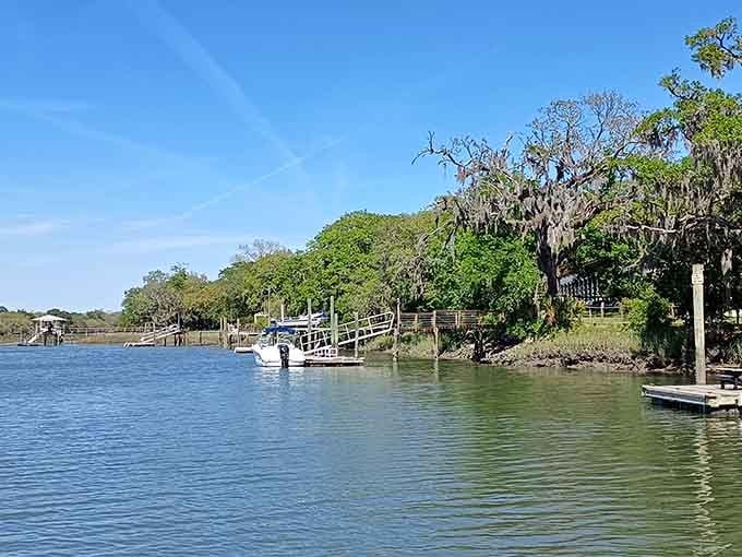Spanish moss drapes the shoreline like nature's curtains while your floating paradise glides past ancient oaks and peaceful docks.