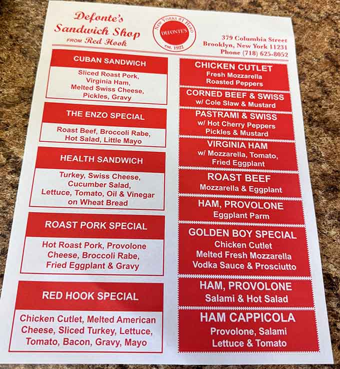A menu that reads like a love letter to Brooklyn, written in red ink and pure confidence.