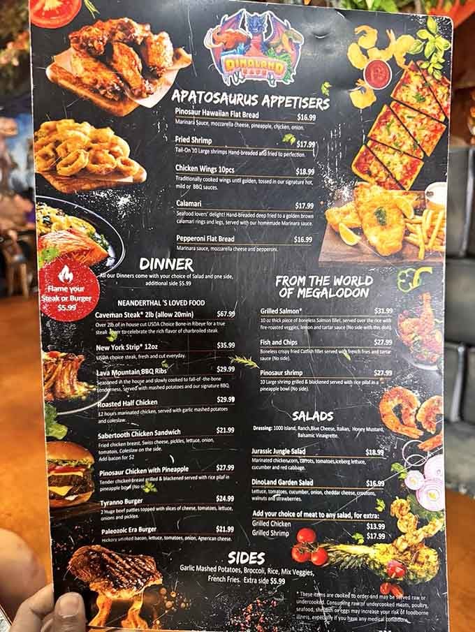 Menu names this creative deserve their own paleontology degree, and yes, everything tastes as good as it sounds.