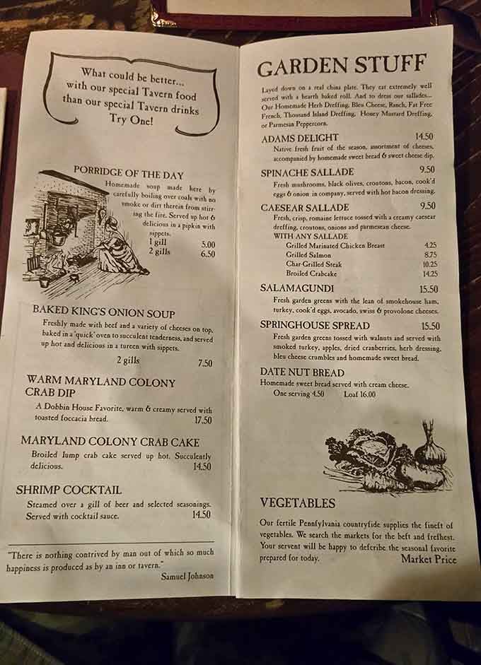 Menu descriptions that reference kings and colonies make ordering dinner feel like a historical reenactment.