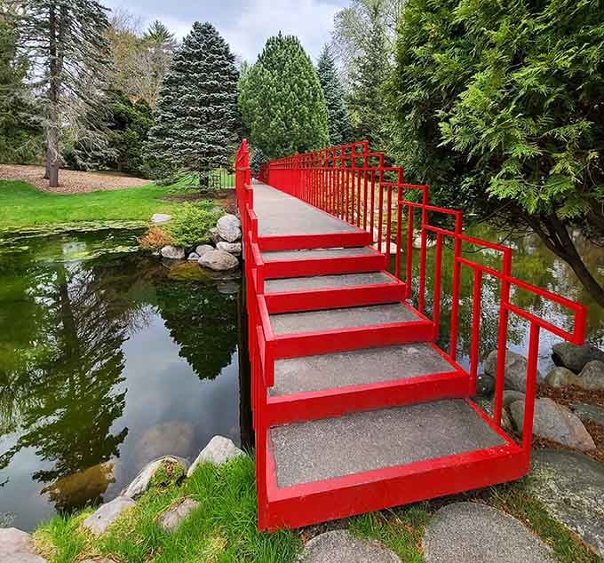 This crimson bridge pops against the greenery like a perfectly placed exclamation point in nature's sentence.