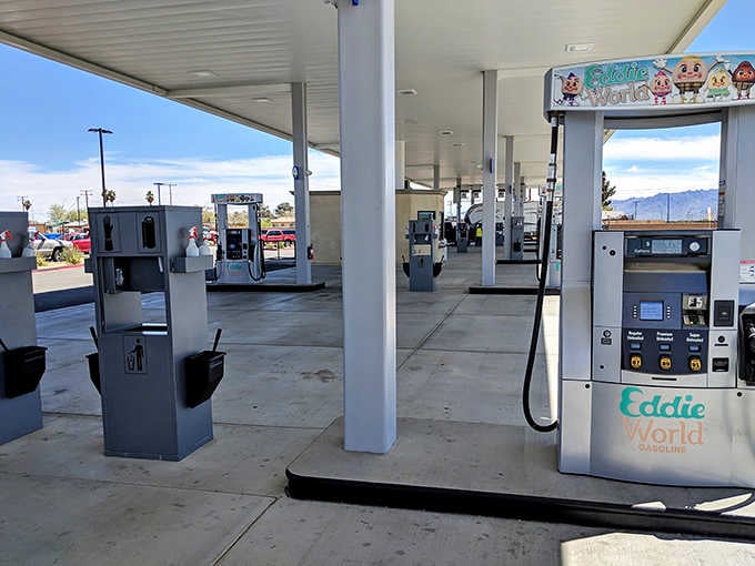 Even the gas pumps get into the whimsical spirit, making refueling feel less like a chore.