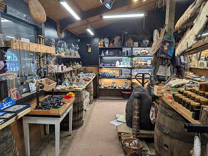 The crystal shop interior sparkles like a geologist's fever dream come gloriously true.