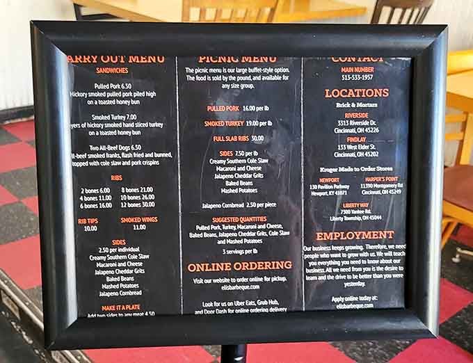 The menu board speaks the language of smoke and meat, offering choices that'll make your decision deliciously difficult.