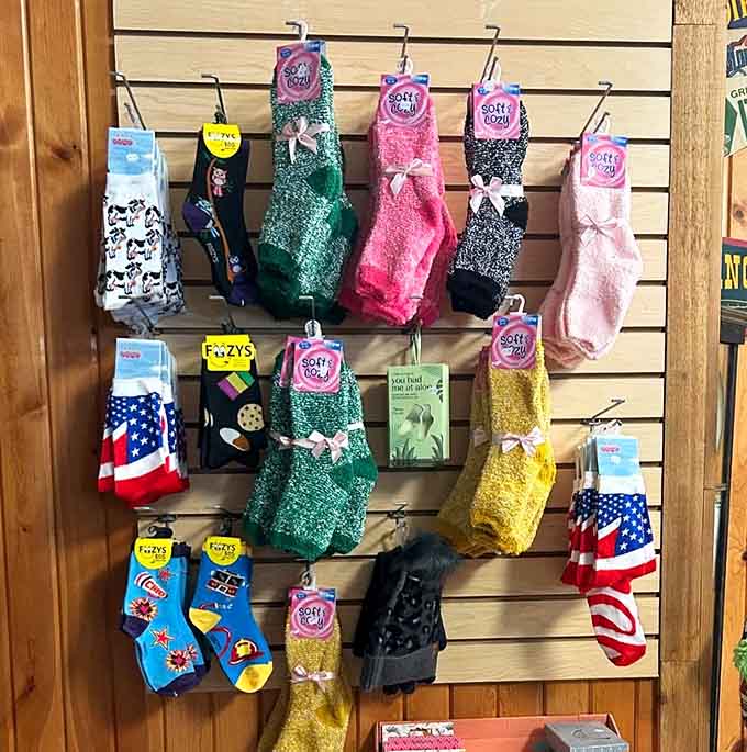 Colorful socks bring whimsy to traditional shopping, proving old-fashioned stores know how to have fun too.