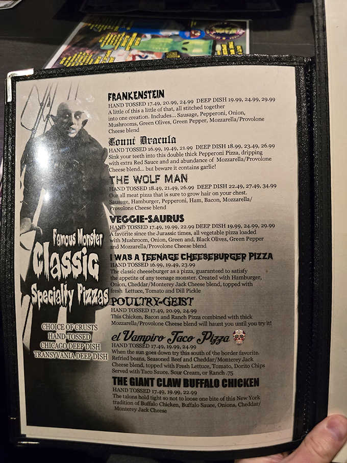 Every pizza named after a monster, because apparently someone finally asked what Frankenstein would order for delivery.