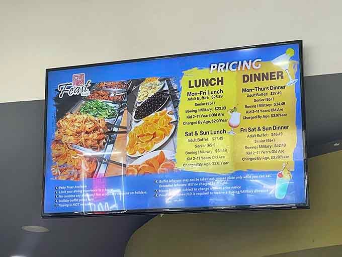 The menu board lays it all out clearly, because transparency is beautiful when it involves unlimited food.
