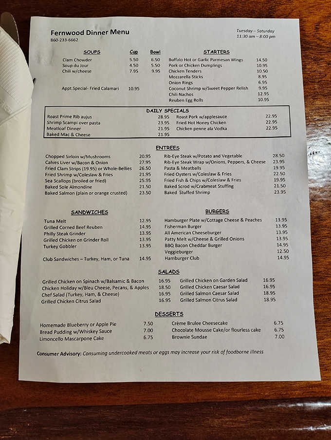 This menu is a love letter to comfort food, featuring everything from prime rib to homemade pies.