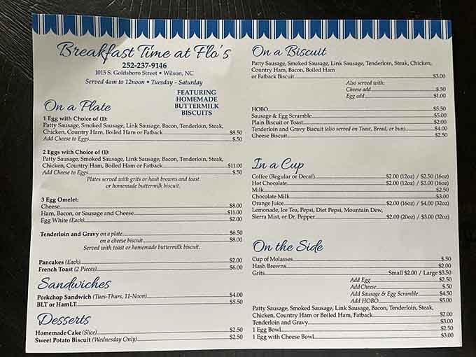 This menu reads like a love letter to Southern breakfast, offering every biscuit combination your heart desires.