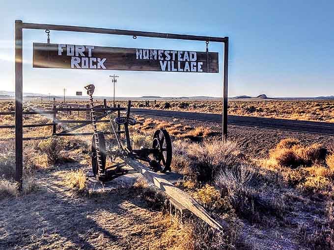The entrance sign welcomes you with rustic charm and antique farm equipment that actually earned its retirement.